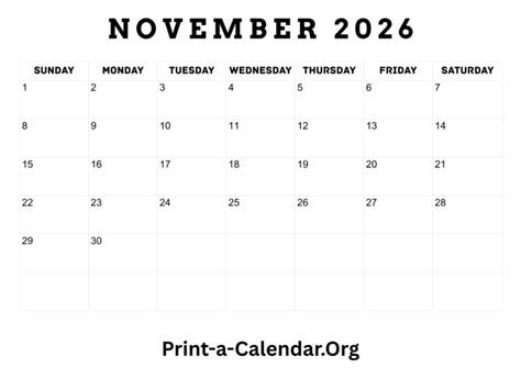 November 2026 Calendar Printable Print A Calendar