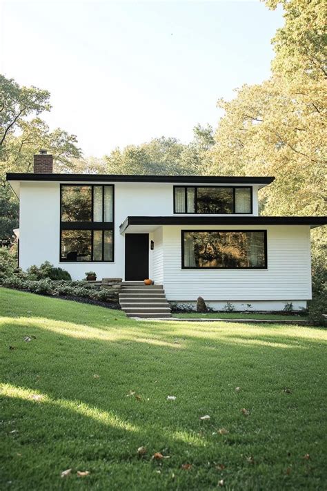 Chic White Split Level Home With Large Windows And A Spacious Green