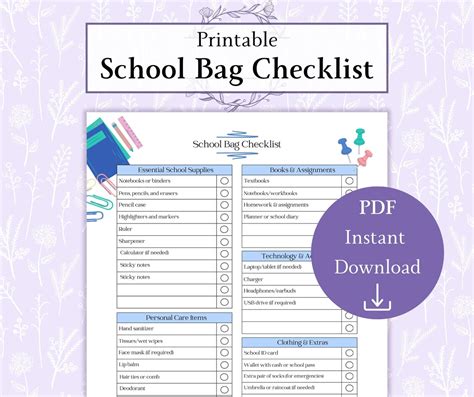 School Bag Checklist Printable Pdf School Backpack Packing List