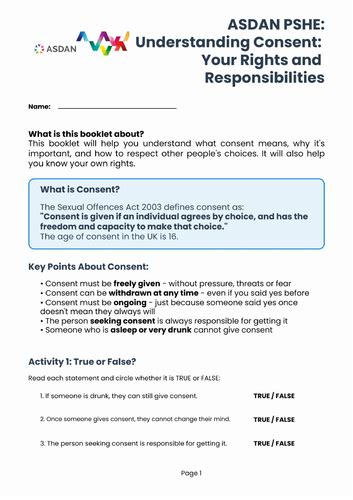 Asdan Pshe Sex Education Understanding Consent A2 Teaching