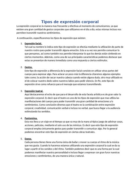 Tipos De Expresión Corporal Explicados Pdf Bailes Expresión Facial