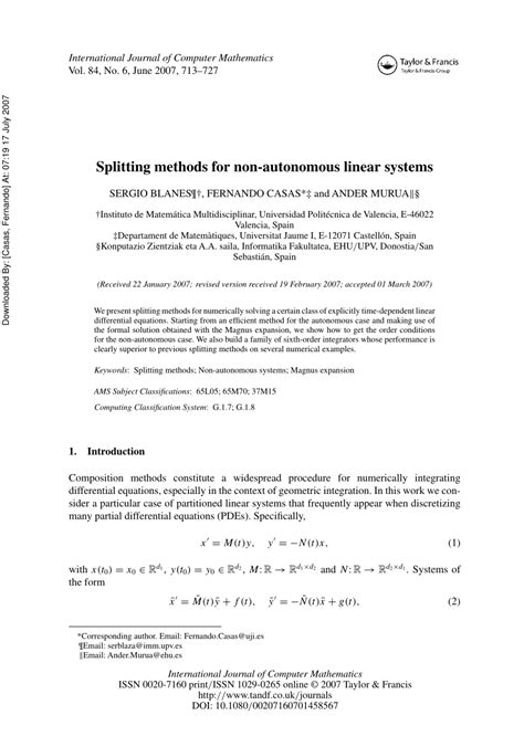 Pdf Splitting Methods For Non Autonomous Linear Systems