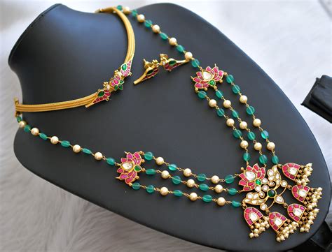Gold Tone Pink Green White Kundan Jadau Lotus Haar Combo Set Dj 44964