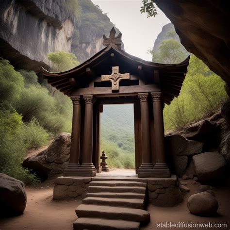 Wooden Shrine Squeaks Near Cave Entrance Stable Diffusion Online
