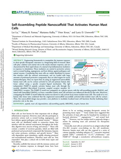 Pdf Self Assembling Peptide Nanoscaffold That Activates Human Mast Cells