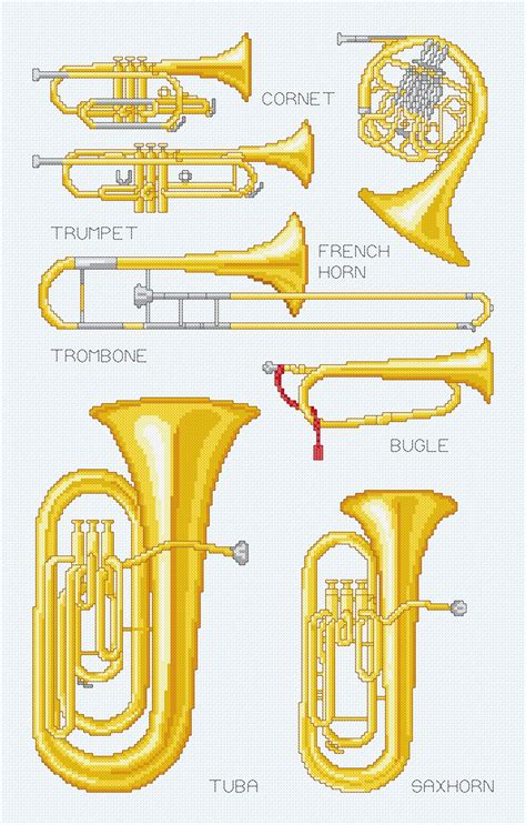 The Brass Section Cross Stitch Etsy Brass Instruments Blackwork Designs Trombone Sheet Music