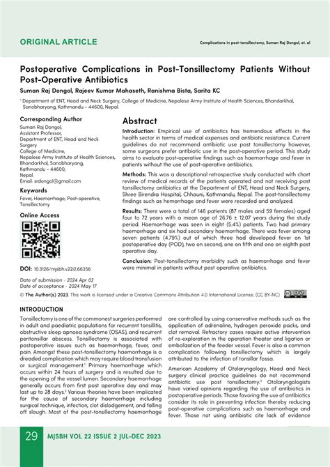 Pdf Postoperative Complications In Post Tonsillectomy Patients Without Post Operative Antibiotics