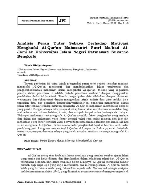 Peran Tutor Sebaya Dalam Hafalan Al Quran Pdf
