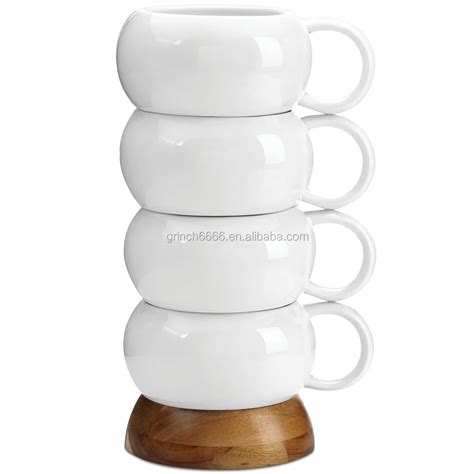 2025 4 Porcelain Stackable Coffee Mugs With Wood Stand