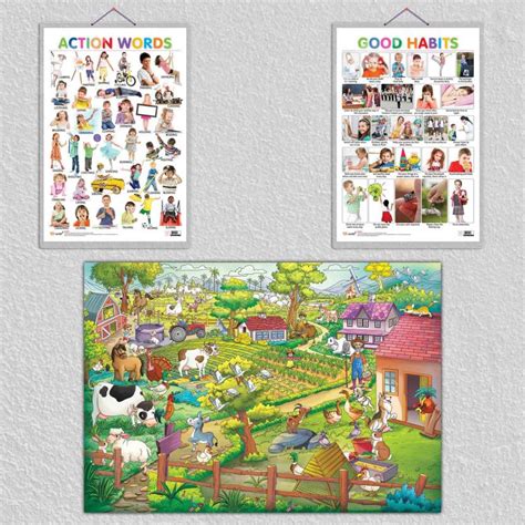 Giant At The Farm Colouring Poster Good Habits And Action Wordsset Of