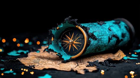 Vintage Compass Resting On Torn Map With Artistic Teal And Dark Texture