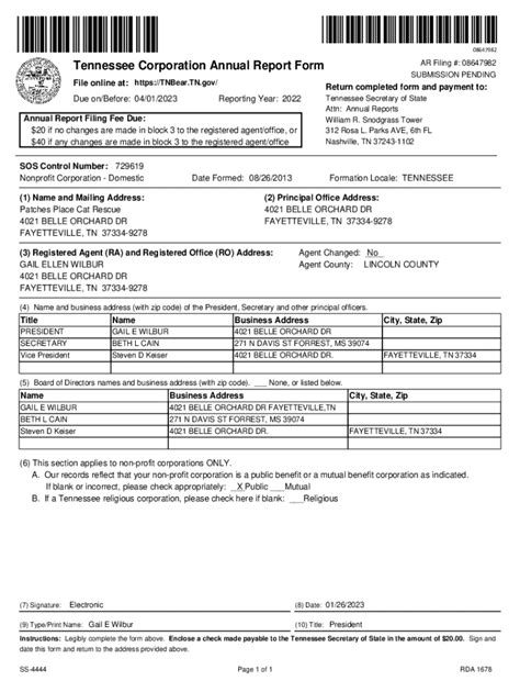 Tennessee Corporation Annual Report Form Ar Blank Fillable Template