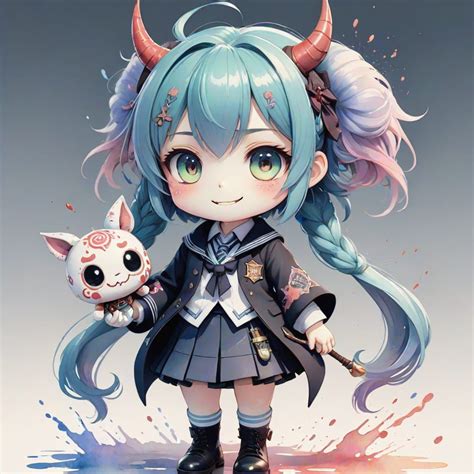 A Chibi Demon Girl With A Creepy Grin Holding A Cursed Toy Rendered