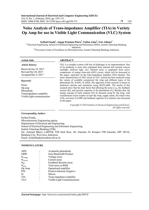 Noise Analysis Of Trans Impedance Amplifier Tia In Variety Op Amp For Use In Visible Light