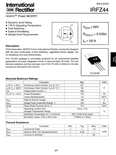 Irfz44 Datasheet Pdf Power Mosfet International Rectifier Now Infineon