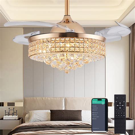 Trssdre 36 Dimmable Gold Fandelier Crystal Led Ceiling Fans