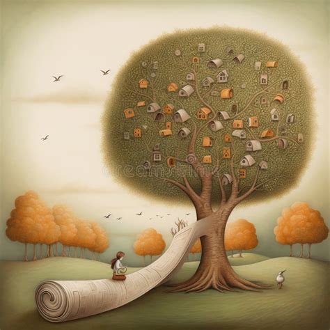 Generative Ai Tree And House With Gardens And Path Stock Illustration