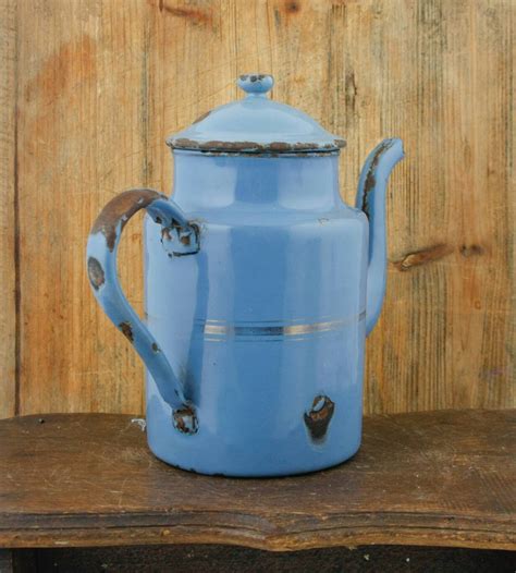 Vintage Enamel Coffee Pot Can Enamelware Tea Pot Blue Etsy