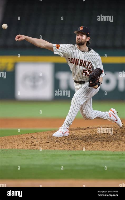 February 23 2024 Ryan Bogusz 53 Of Oklahoma State Releases A Pitch Towards Home Oklahoma