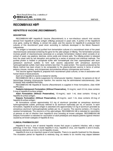 Recombivax Hb® Hepatitis B Vaccine Recombinant Download Free Pdf