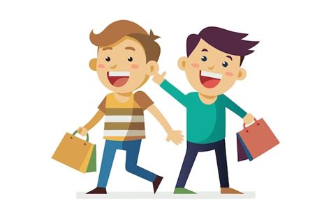 Chicos De Dibujos Animados Felices Comprando Juntos Con Bolsas De Colores Brillantes Vector