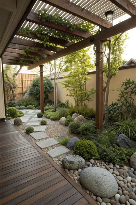 Landscaping In Front Yard Of Fence Poolside Pergolas Japandi Pergola