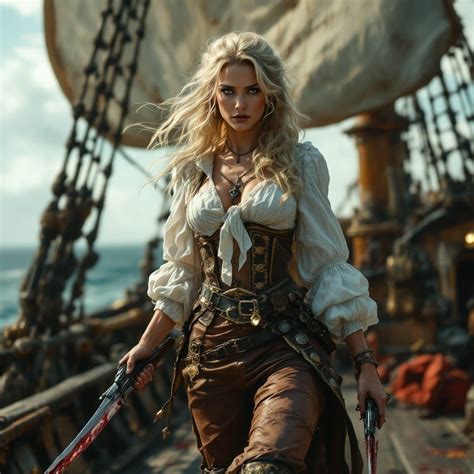 A Statuesque Powerful Blonde Pirate Queen Adorned In Extravagant 18th