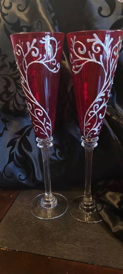 Pair Of Beautiful Red Ruby Glasses Hand Painted Hearts Perfect For Any
