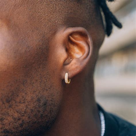 Mens Gold Diamond Hoop Earring Small Diamond Hoop Earring For Men