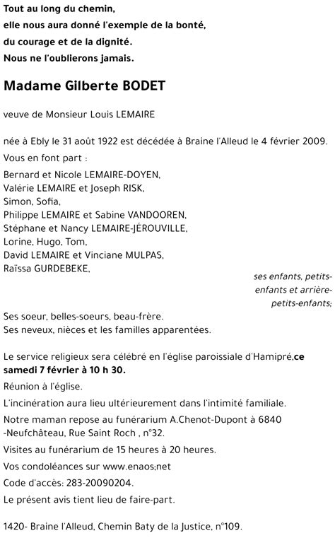 Avis De Décès De Gilberte Bodet Décédé Le 04 02 2009 à Annonce Condoléances Fleurs Etc L