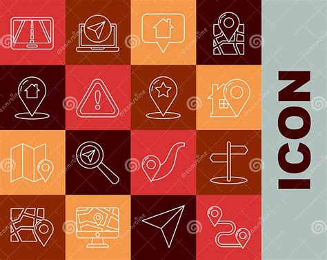 Set Line Route Location Road Traffic Sign Map Pointer With House Exclamation Mark Triangle