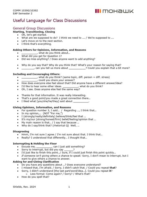 Useful Language For Class Discussions Pdf Cognition Human Communication