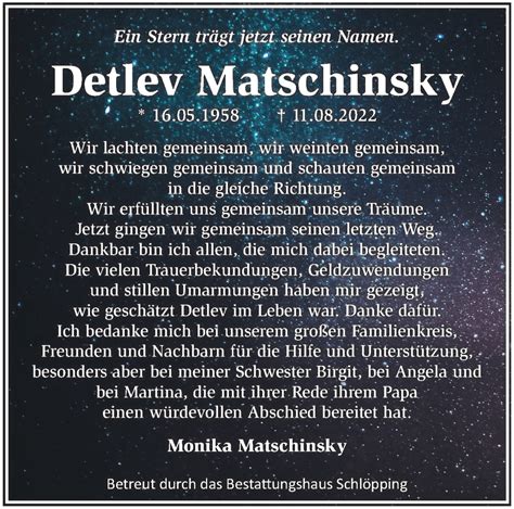 Traueranzeigen Von Detlev Matschinsky Märkische Onlinezeitung Trauerportal