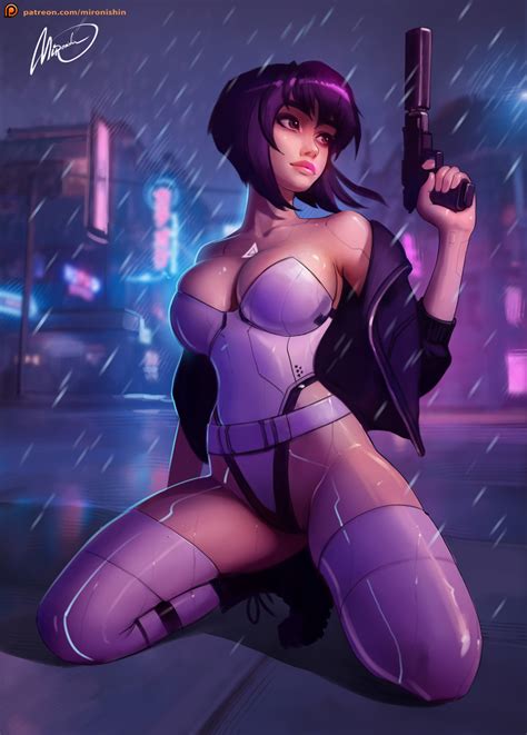 Rule 34 Bare Shoulders Cleavage Clothed Clothing Cyberpunk Cyborg Female Firearm Ghost In The