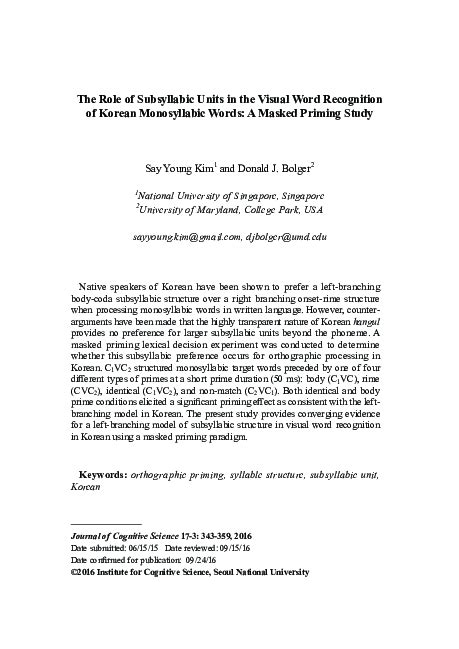 Pdf The Role Of Subsyllabic Units In The Visual Word Recognition Of Korean Monosyllabic Words