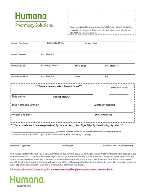 Humana Uniform Prescriber Statement Form Blank Fillable Template