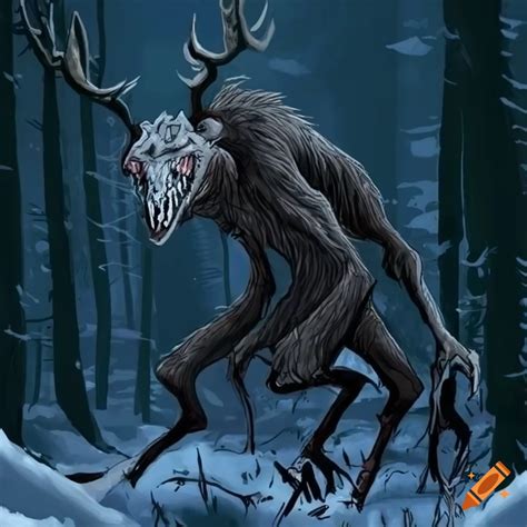 A Drawing Of A Sinister Wendigo Lurking In A Snowy Forest On Craiyon