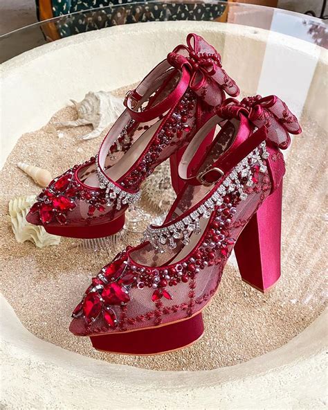 Wedding Shoes For Bride Block Heel Maroon Beaded Red Bridal Heels