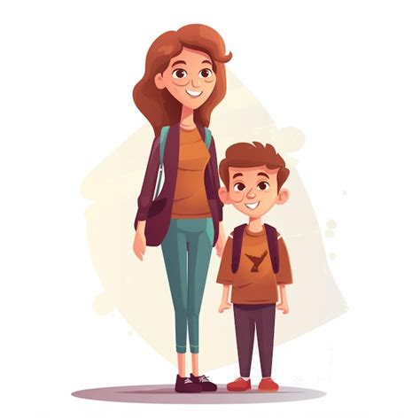 Premium Photo Cartoon Mother And Son Standing Together And Smiling