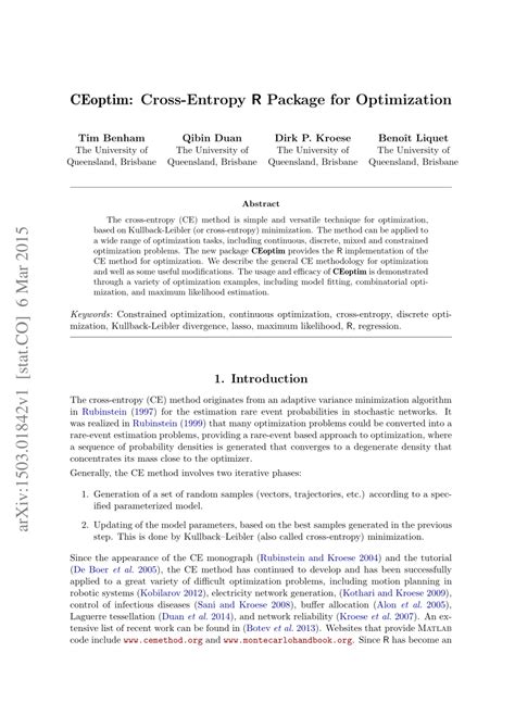 Pdf Ceoptim Cross Entropy R Package For Optimization
