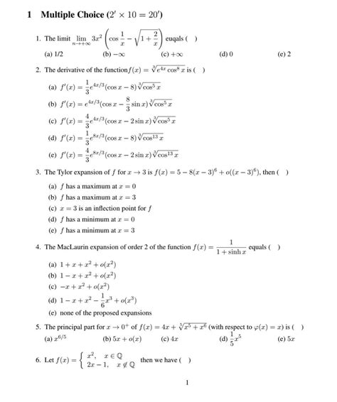 Solved 1 Multiple Choice (2′×10=20′) 1. The limit | Chegg.com