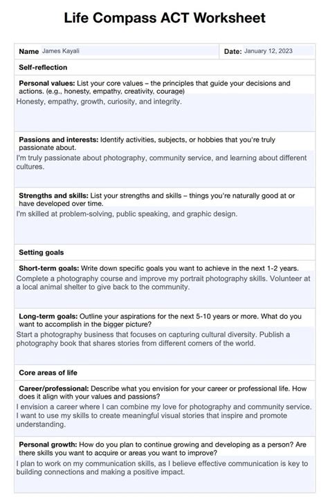 Life Compass Act Worksheet And Example Free Pdf Download Conduct