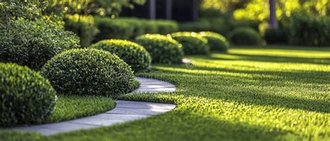 A Beautifully Landscaped Lawn With Green Grass Rounded Shrubs And A Winding Stone Pathway