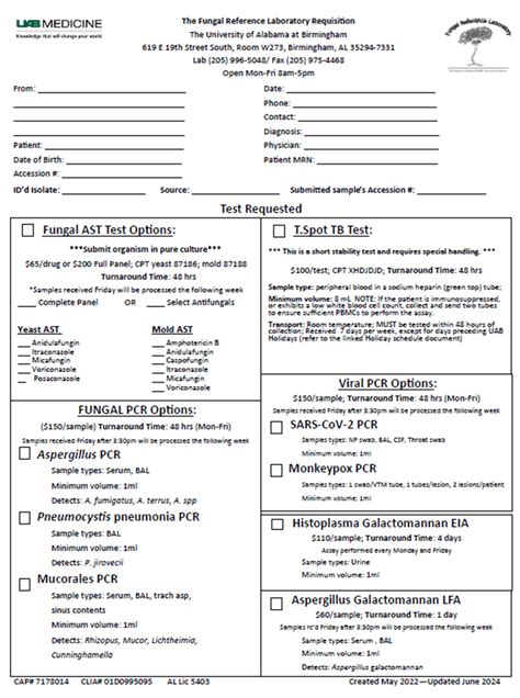 Order Form Fungal Reference Laboratory