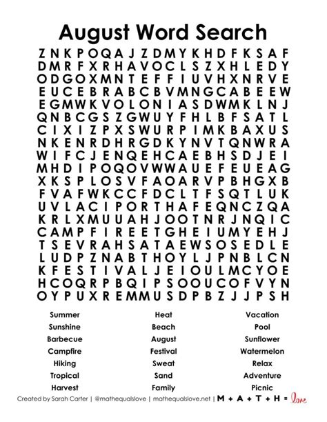 August Word Search Printable