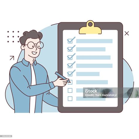 체크리스트가있는 남자 작업 완료 검토 계획 비즈니스 전략에 대한 체크리스트 책임 및 성취 개념에 대한 할 일 목록 표시와