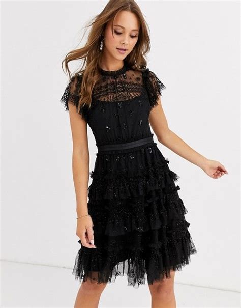 Needle And Thread Embroidered Tiered Mini Dress In Black Asos