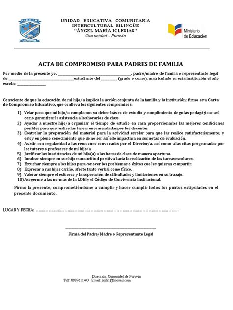 Modelos De Acta De Compromiso Para Padres De Familia Materiales My