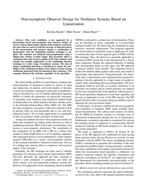 Pdf Non Asymptotic Observer Design For Nonlinear Systems Based On Linearization