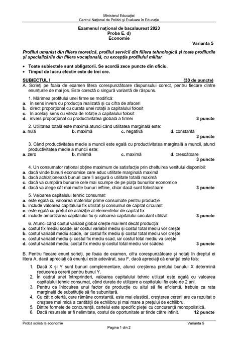 Baremele și Subiectele Pentru Geografie și Economie Bac 2023 Edupedu Ro